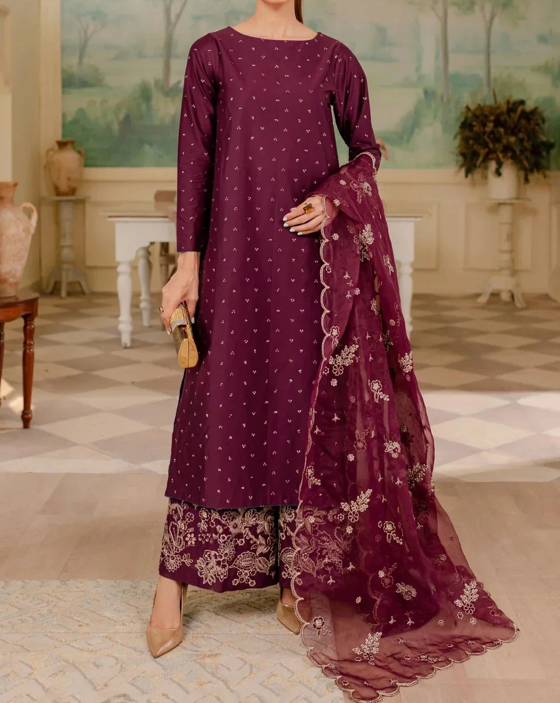 Grace W408- Embroidered 3pc linen dress with Embroidered Organza dupat ...