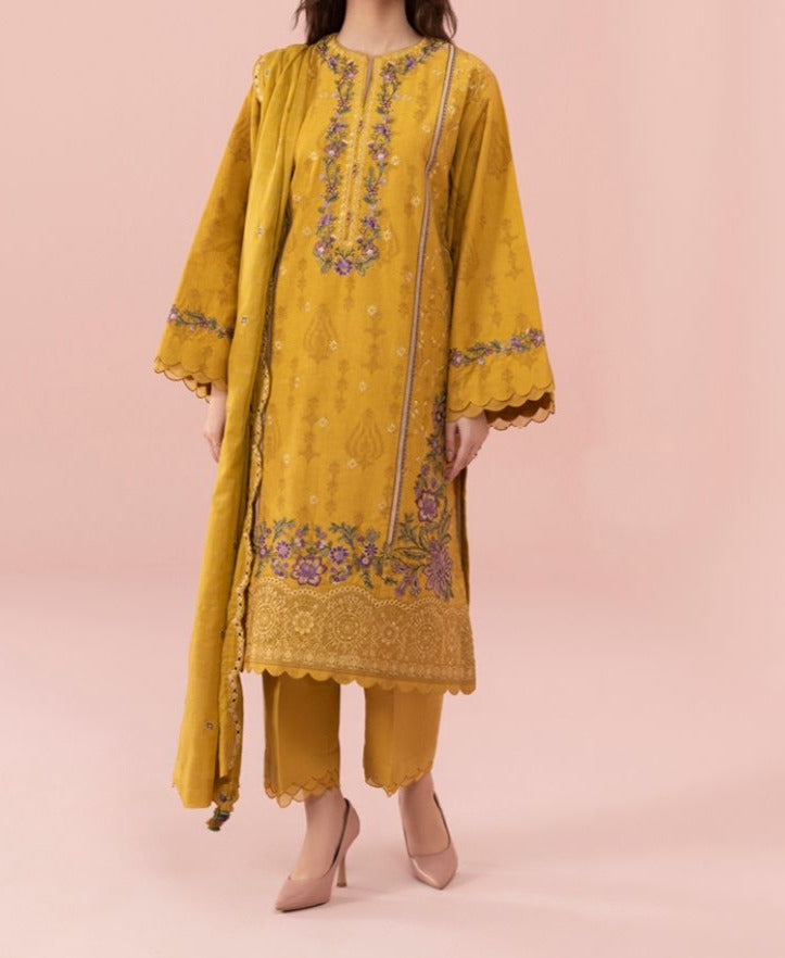 Grace W407- Embroidered 3pc linen dress with Embroidered chiffon dupat ...